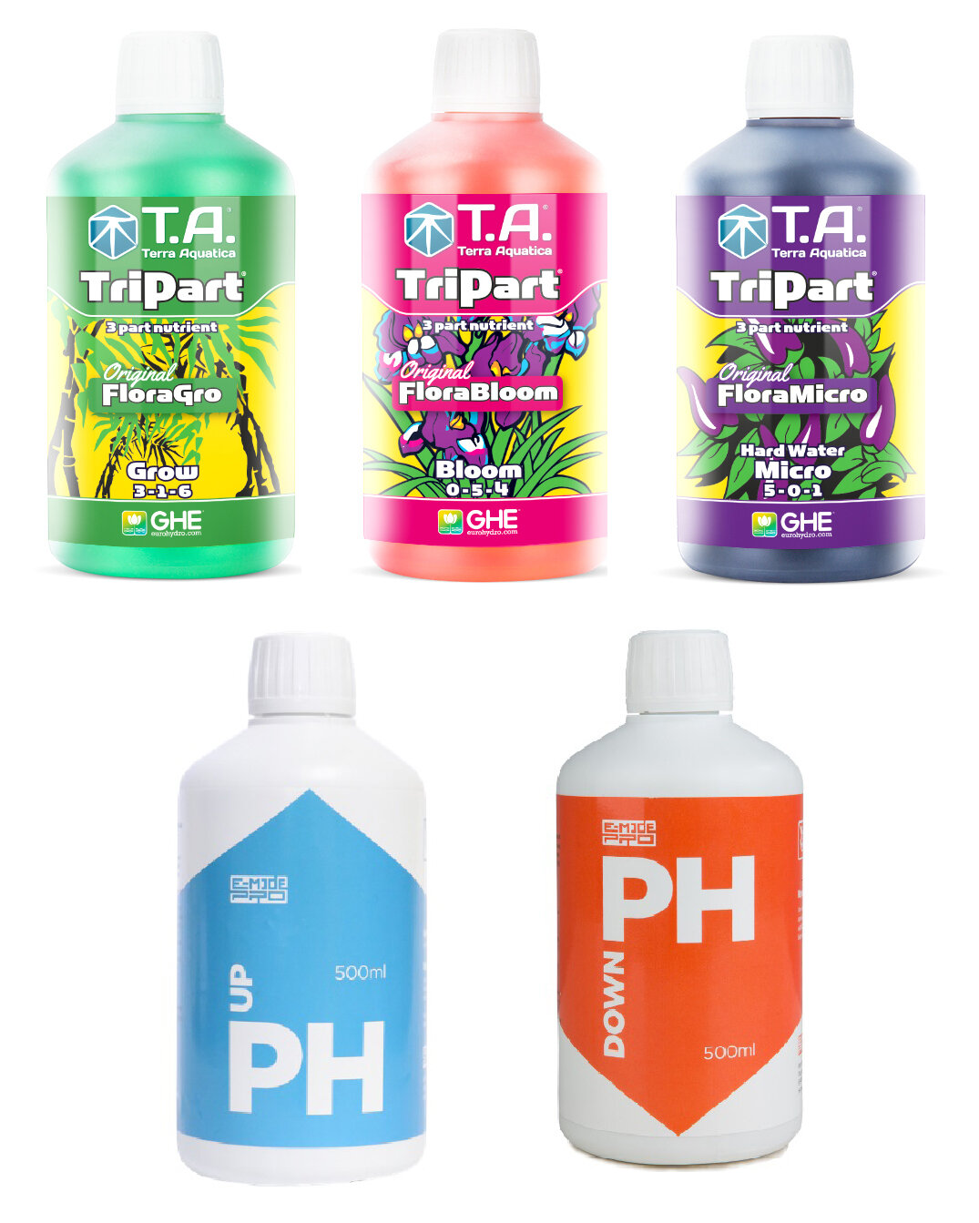 Комплект удобрений Terra Aquatica TriPart (Grow+Bloom+Micro HW - для жёсткой воды) + Регуляторы кислотности E-mode (PhUp+PhDown) 5 шт. * 1 л
