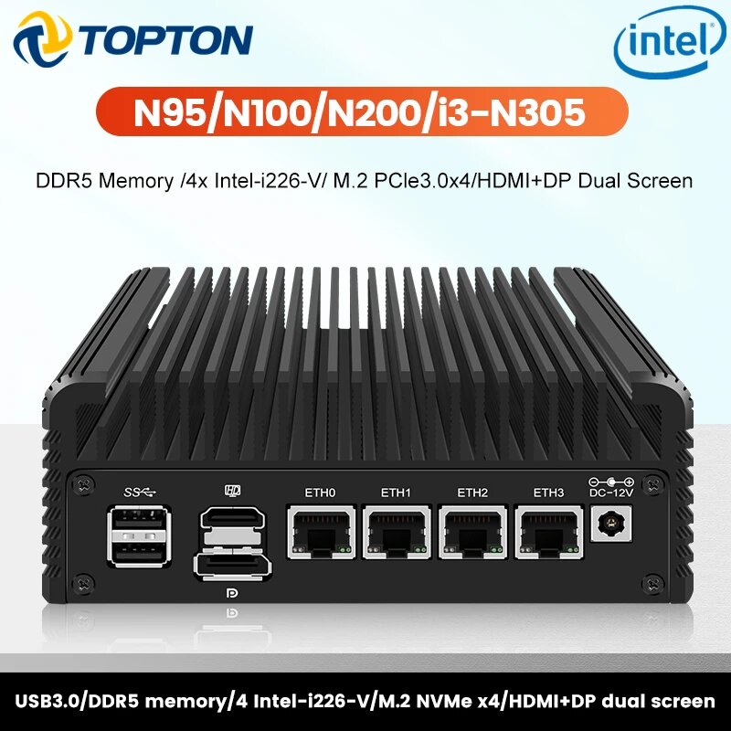 Мини-ПК Topton Firewall NAS X4C Intel Core i3 N305/N100 DDR5 Intel i3 N305, 8GB DDR5 128GB NVMe