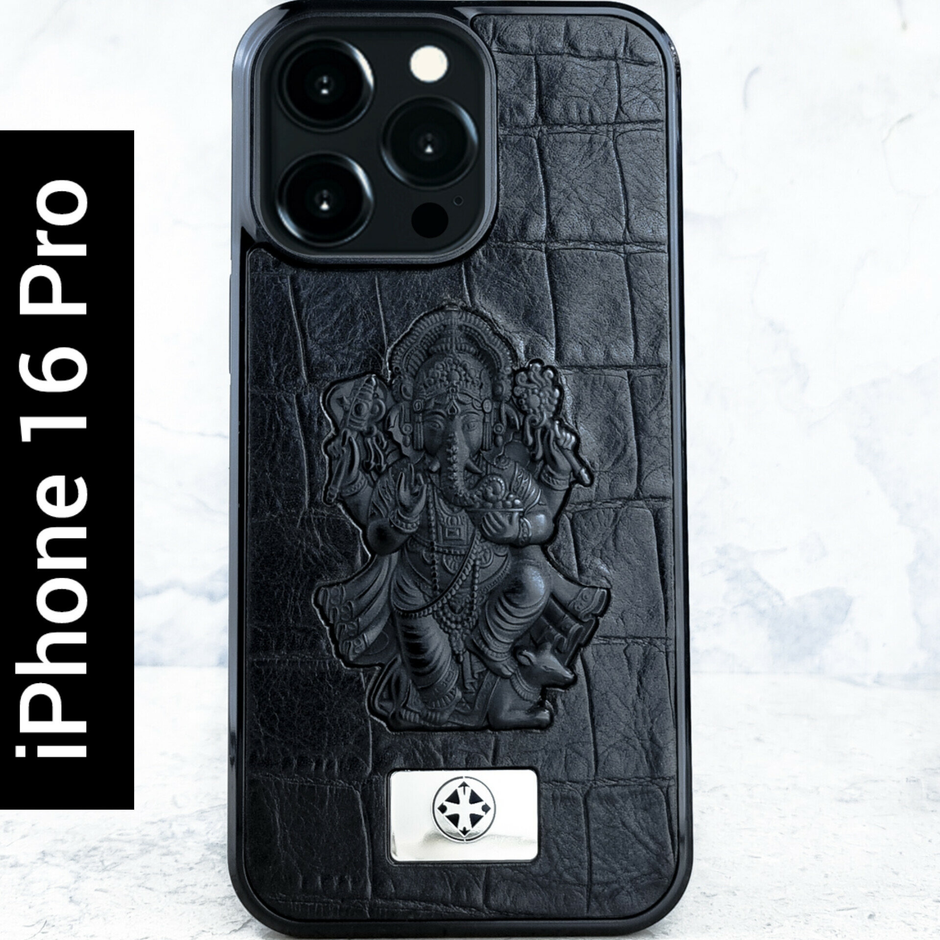 Чехол iPhone 16 Pro / Euphoria Supreme Ganesha CROC - натуральная кожа, металл, Ганеша, премиум