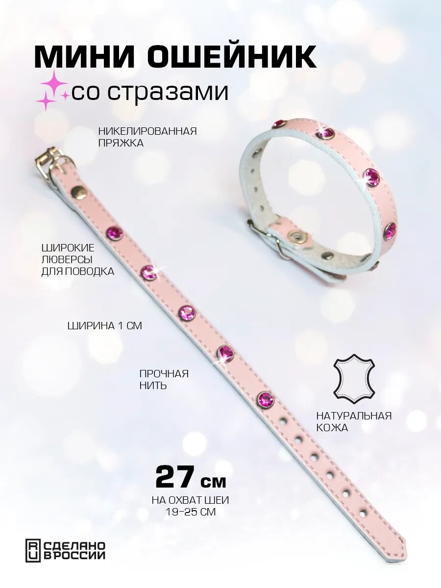 Ошейник кожаный со стразами для кошек, собак мелких пород и щенков
