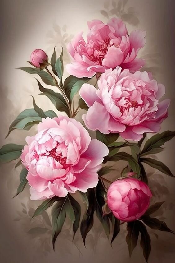 Набор Принтов на габардине для вышивки лентами "Пионы-2" Принты А4-20*30см Комплект из 3 штук