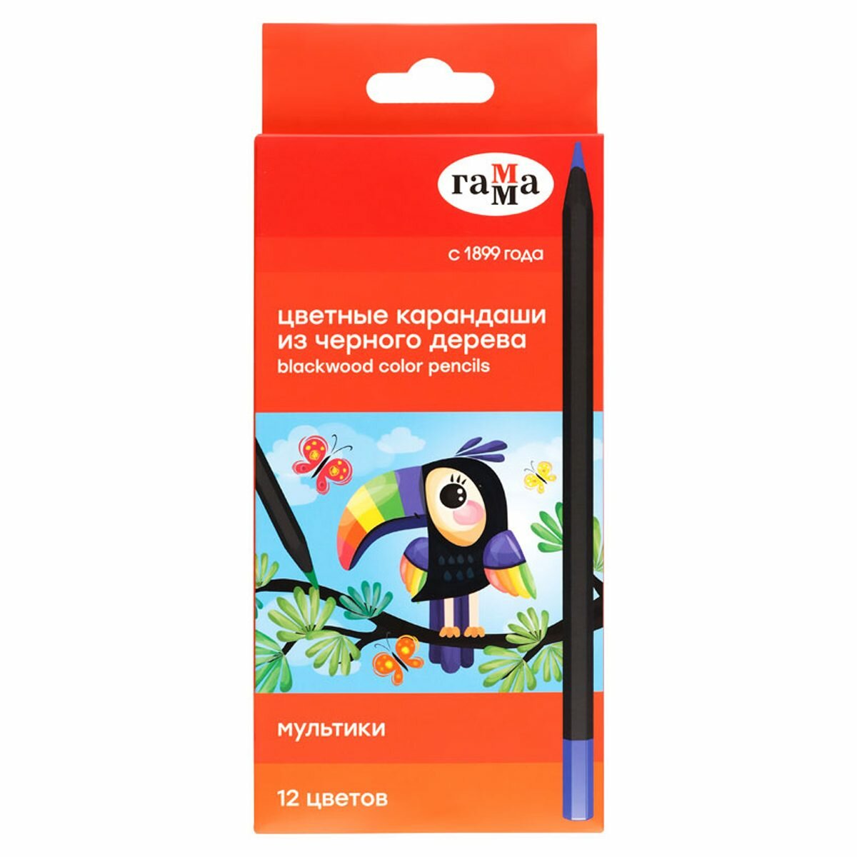 Карандаши цветные 12 цветов Гамма "Мультики" (L=174мм, D=7мм, 6гр, черное дерево) картон. упак, европодвес (80220221), 12 уп.