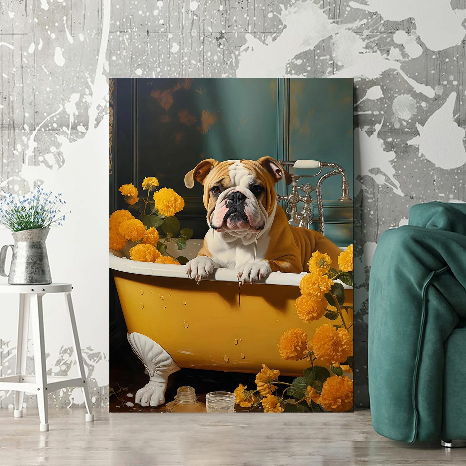 Картина в туалет, ванную комнату Английский бульдог в ванной, 30х40 см.