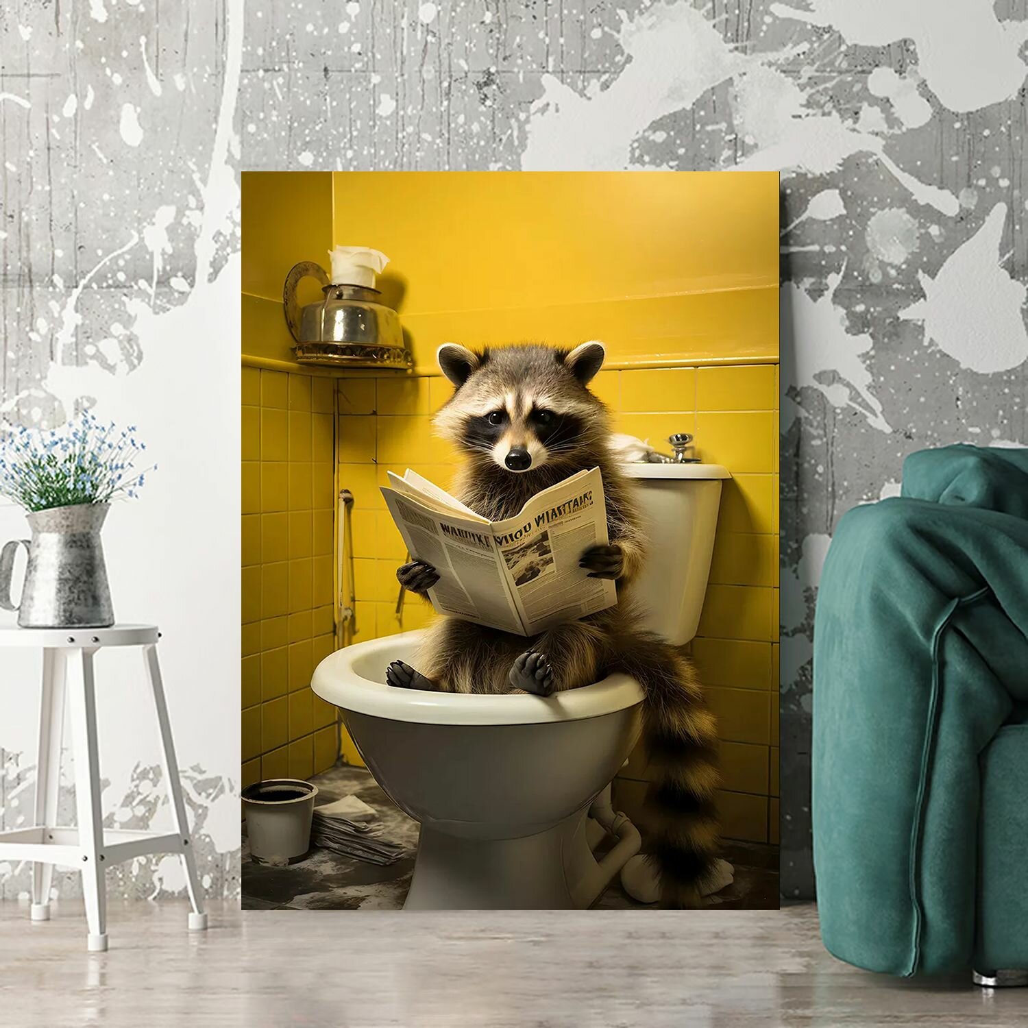 Картина в туалет, ванную комнату Енот читает газету, 20х30 см.