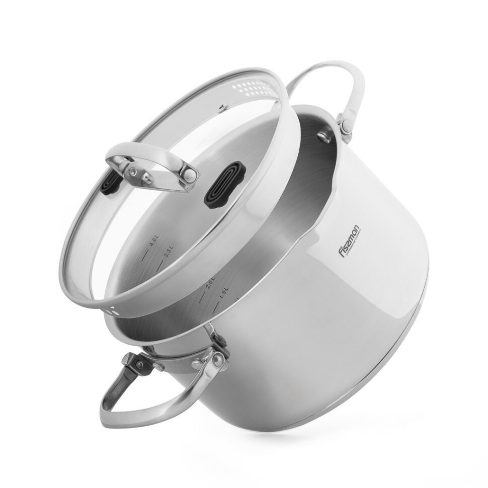 5469 FISSMAN Кастрюля AVELIN 4,6л; 22x12,5 см с крышкой (нерж. сталь) Ручки - нерж. сталь; Крышка - стекло; Индукция; Термоаккумулирующее многослойное дно.