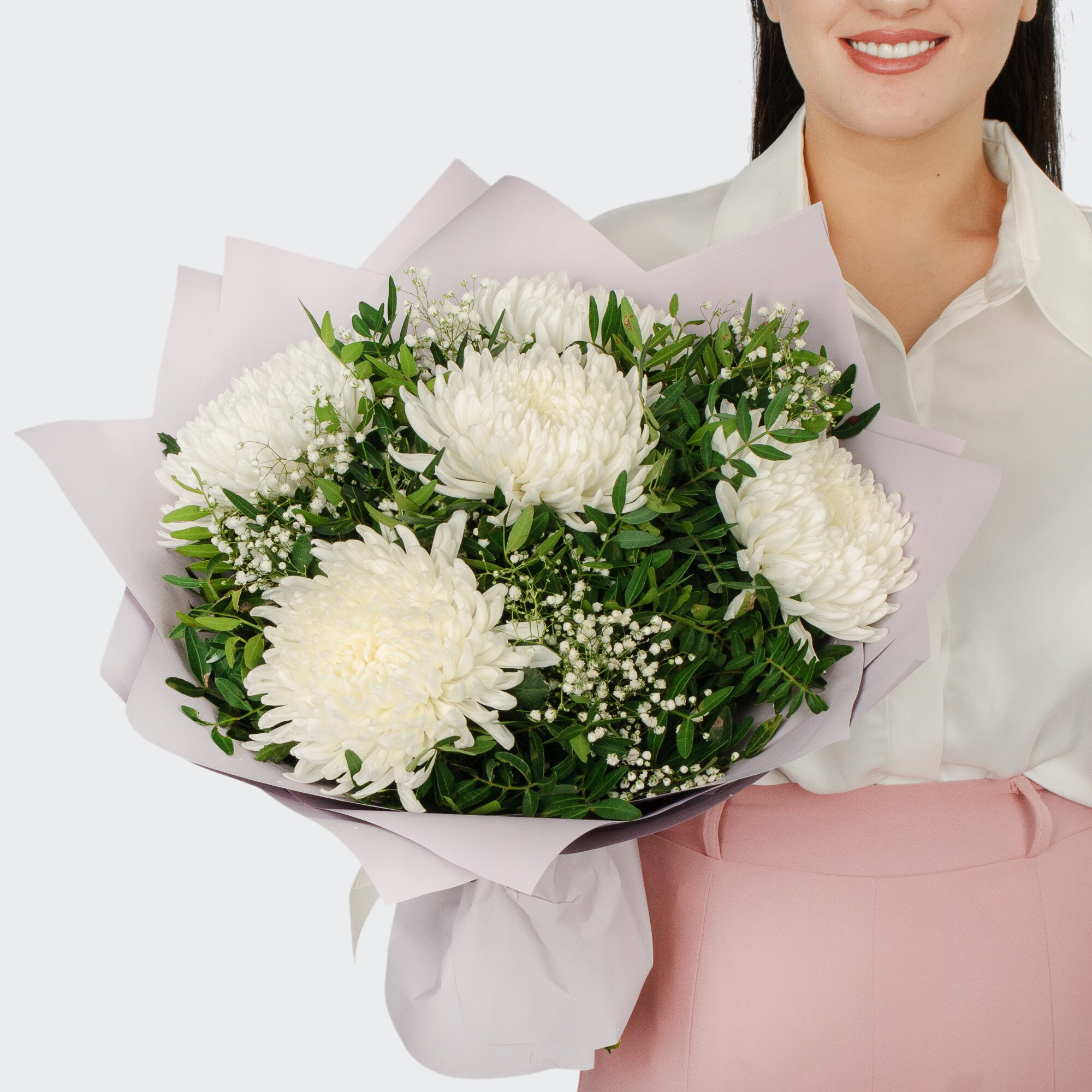 Букет СоюзЦветТорг "Белый Бархат", сборный, хризантемы, ромашки, 40см