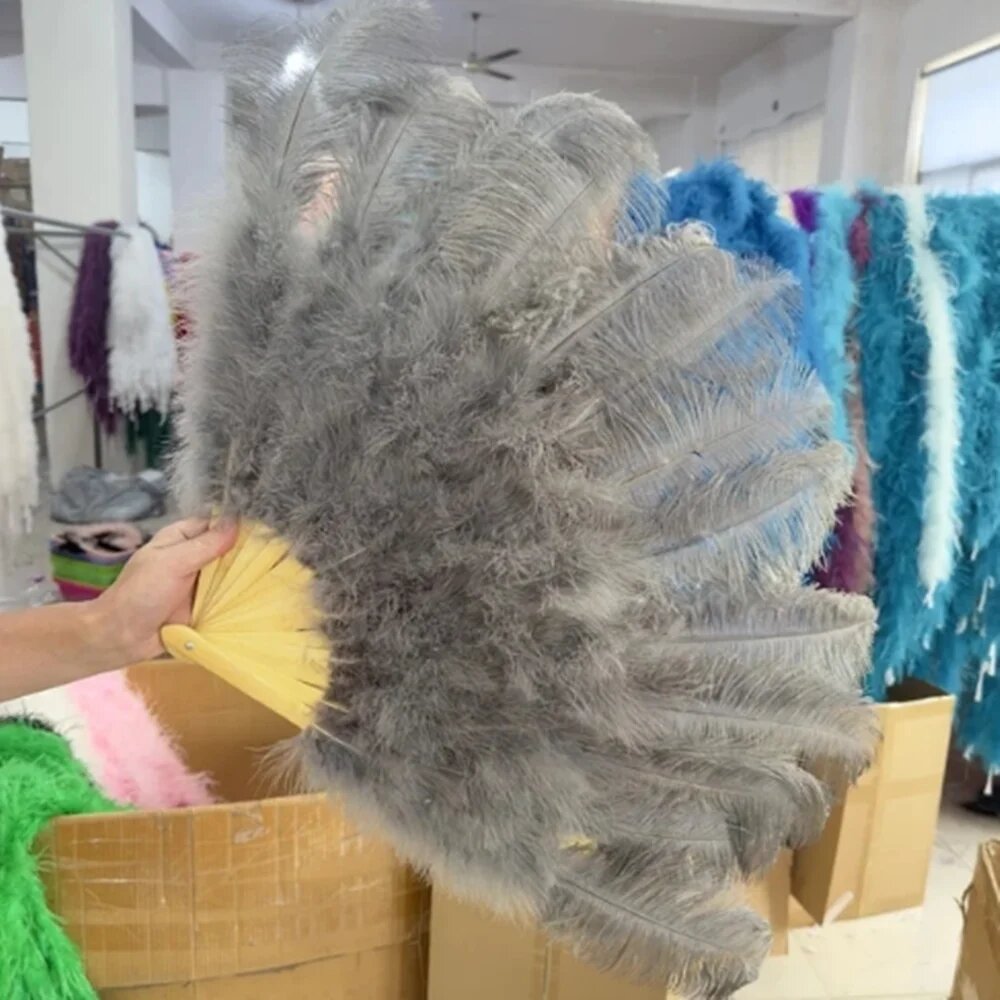 Большой ручной складной веер из страусиных перьев 100CM 2PCS, Серый, gray