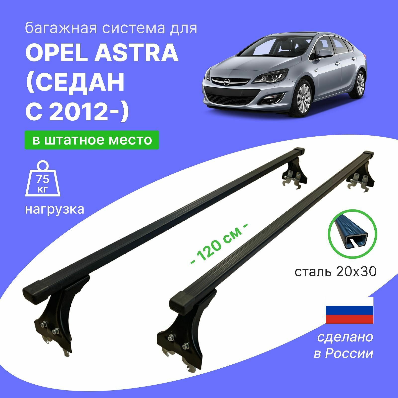 Багажник Delta 20х30, на крышу автомобиля Opel Astra (Опель Астра седан с 2012-) в штатное место