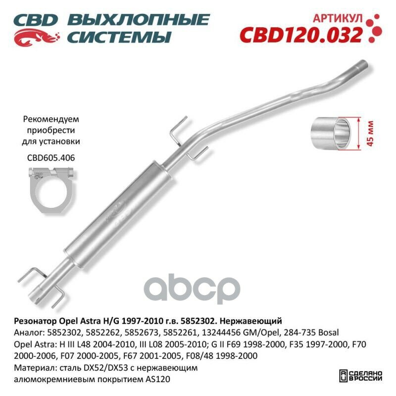 Глушитель OPEL Astra H (1.6/1.8) средняя часть CBD CBD арт. CBD120.032