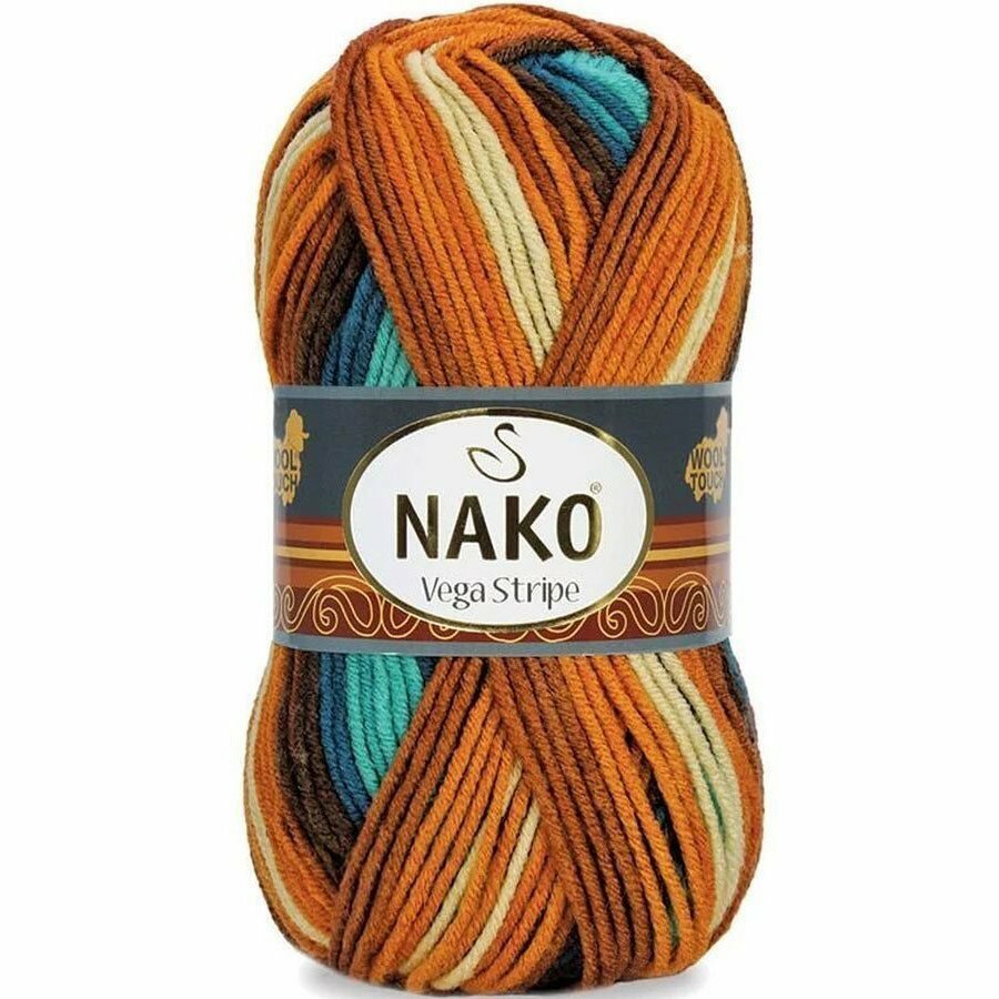 Пряжа Nako VEGA STRIPE 83601 корич/оранж/нефрит (5 мотков)