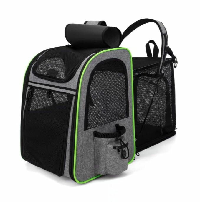 Большой рюкзак-переноска для кошек и собак размером 45х35х30 см, с зеленой вставкой.