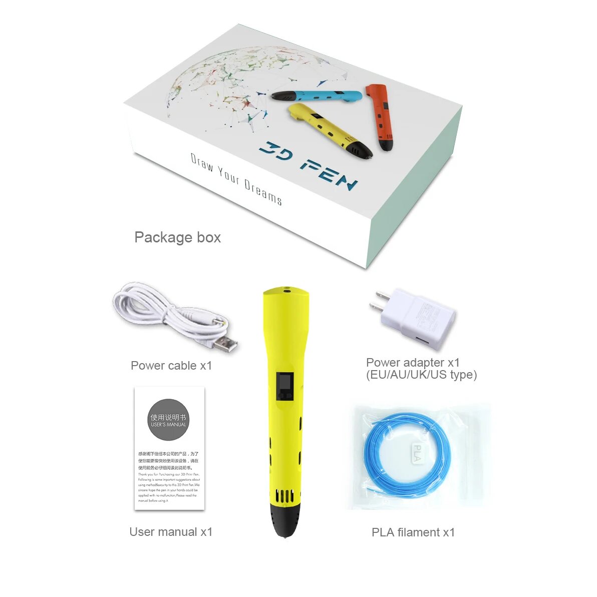 QCREATE 012C 3D-ручка для печати PLA PCL Yellow 3D Pen