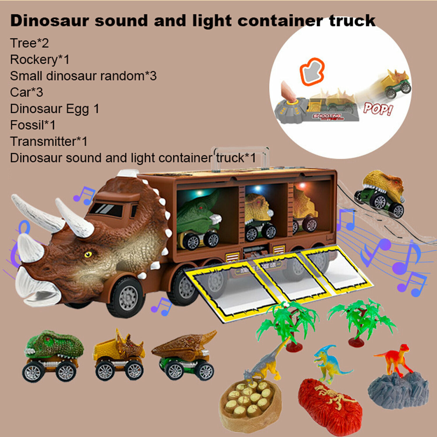 Игрушка динозавр для детей мальчиков и девочек в возрасте 3-7 лет, Динозавр транспортная грузовик с огнями, музыкой и ревом, 3 машины с откатом, 3 динозавра, Образовательная игрушка Подарок для детей в возрасте 3-8 лет, материал пластик, Размер грузовика