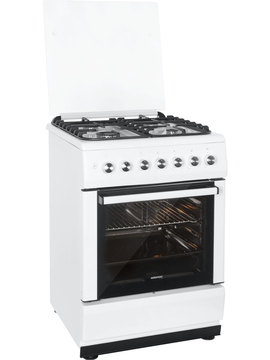 Газовая плита NORDFROST GG 6062 W, 64 литров, авторозжиг конфорок, газ-контроль духовки, белый