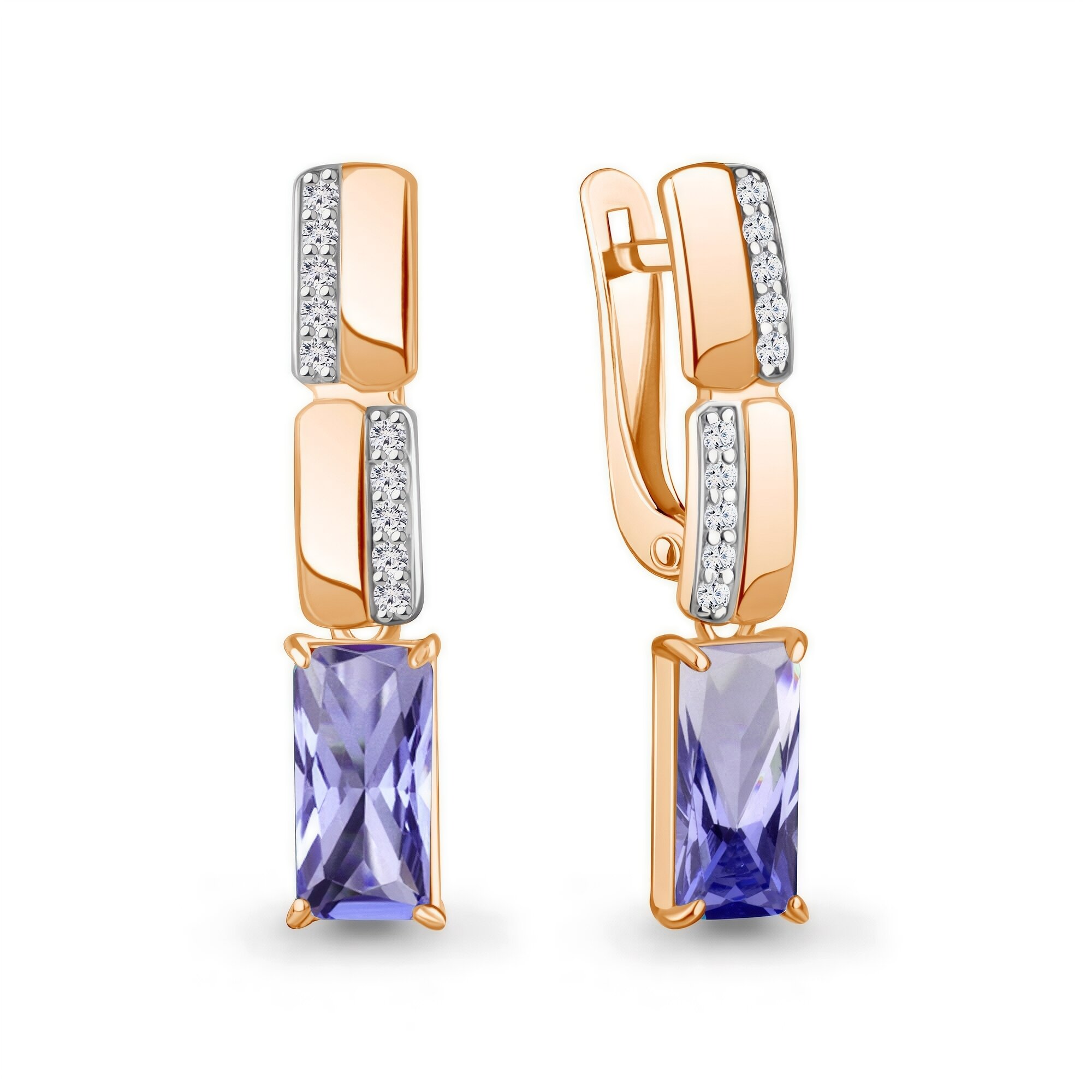 Серьги, серебро, 925 проба, золочение, танзанит, фианит