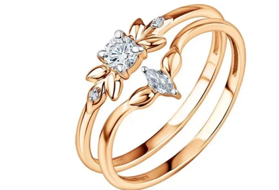 Кольцо тонкое, помолвочное, красное золото, 585 проба, родирование, фианит