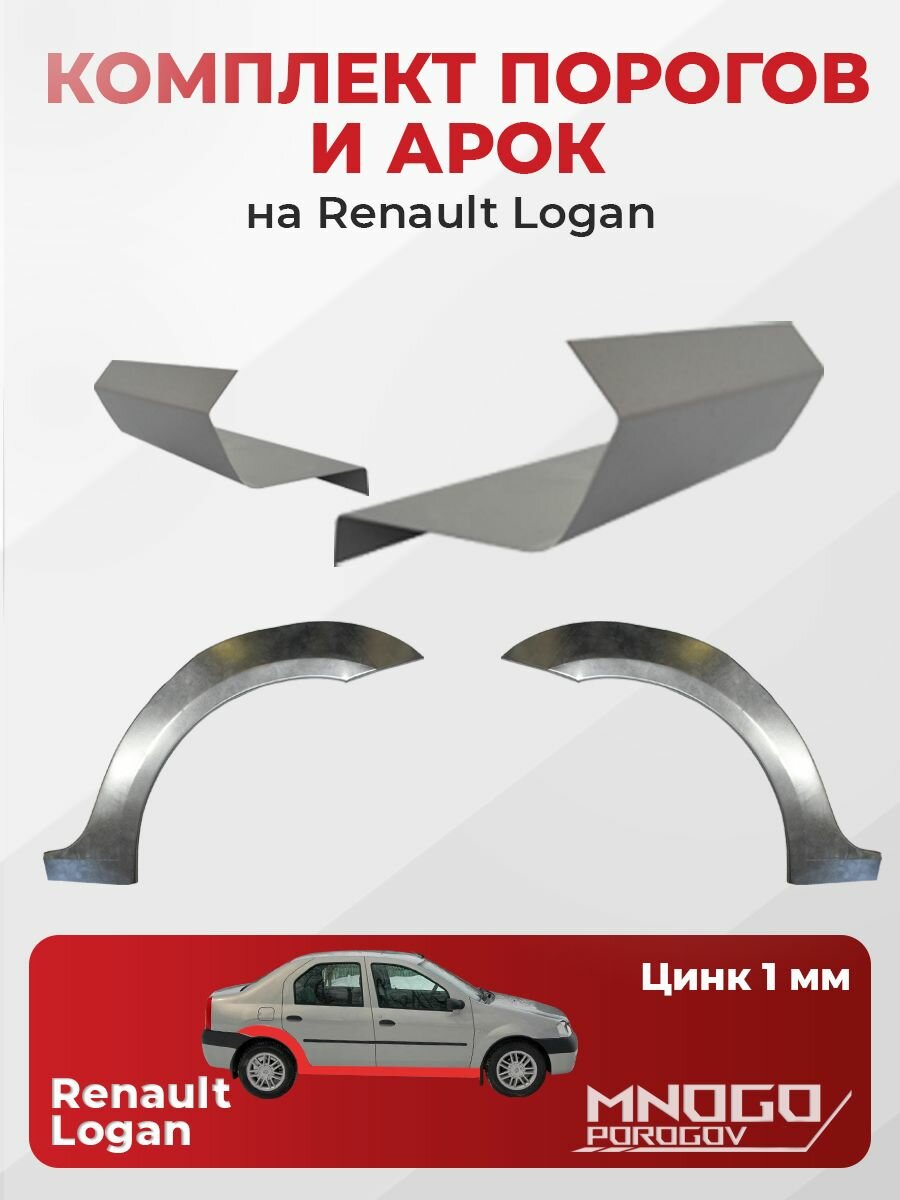 Комплект двух ремонтных порогов 1 мм и двух задних арок 0.8 мм на Renault Logan 1 седан 4 двери 2004-20015 оцинкованная сталь, (Рено Логан 1), кузовной ремонт.