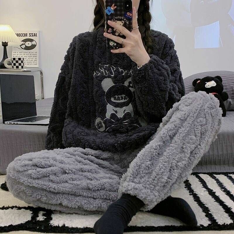 Женская фланелевая пижама, зимний комплект из двух предметов, корейский стиль, милая и симпатичная, студенческая одежда из флисовой ткани кораллового цвета на осень и зиму, утепленная домашняя одежда, размер：2XL