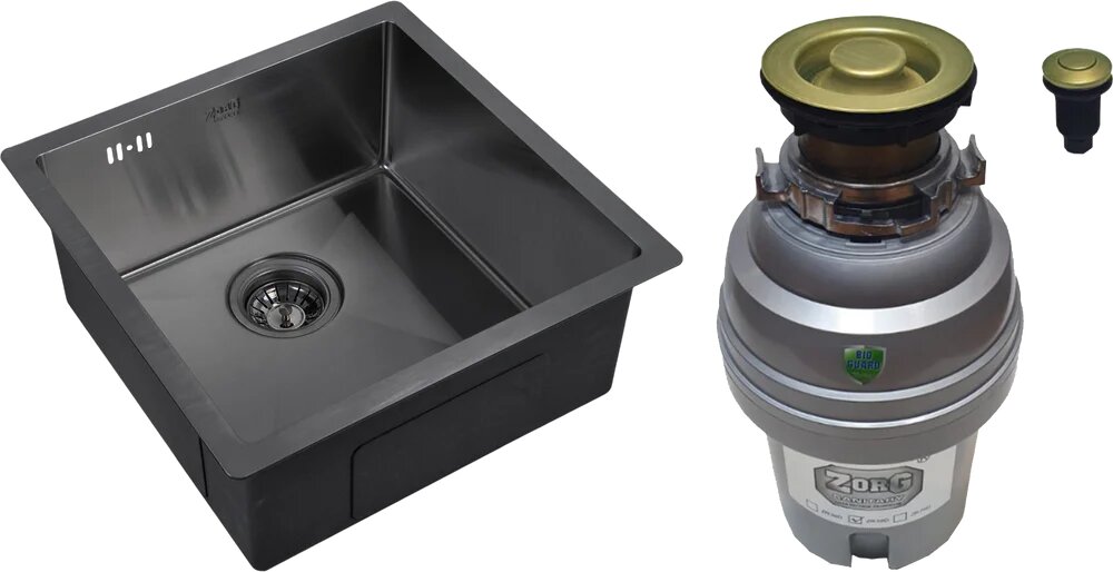 Комплект Мойка Zorg Inox PVD 4444 44x44, grafit, нержавеющая сталь / Измельчитель ZR-75 D BRONZE электрический, нержавеющая сталь
