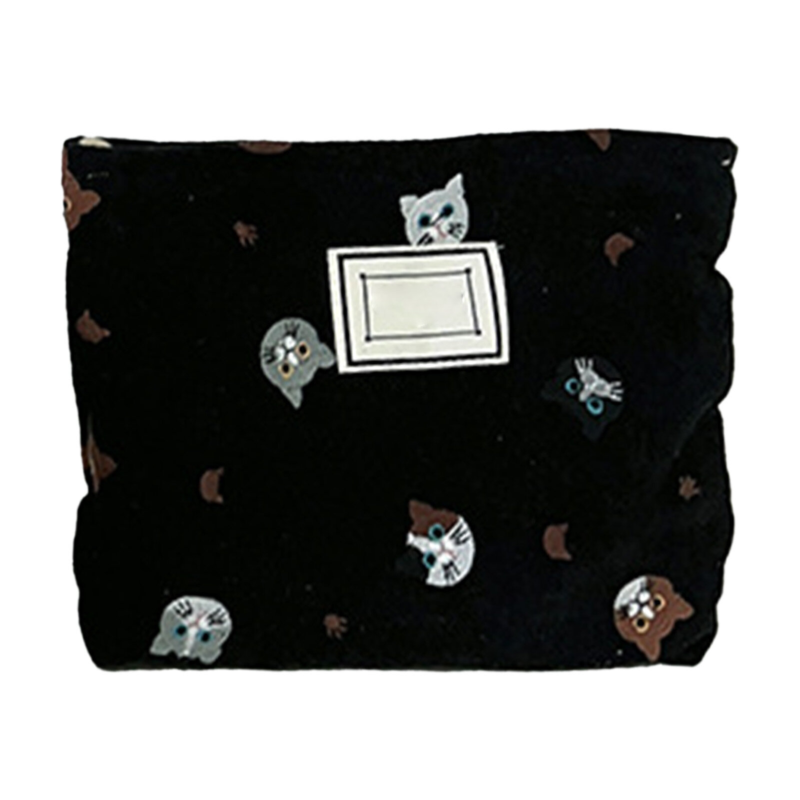 Холщовая косметичка, переносная, с вышивкой в виде кота, застежка-молния, холщовый косметичка для путешествий, черная