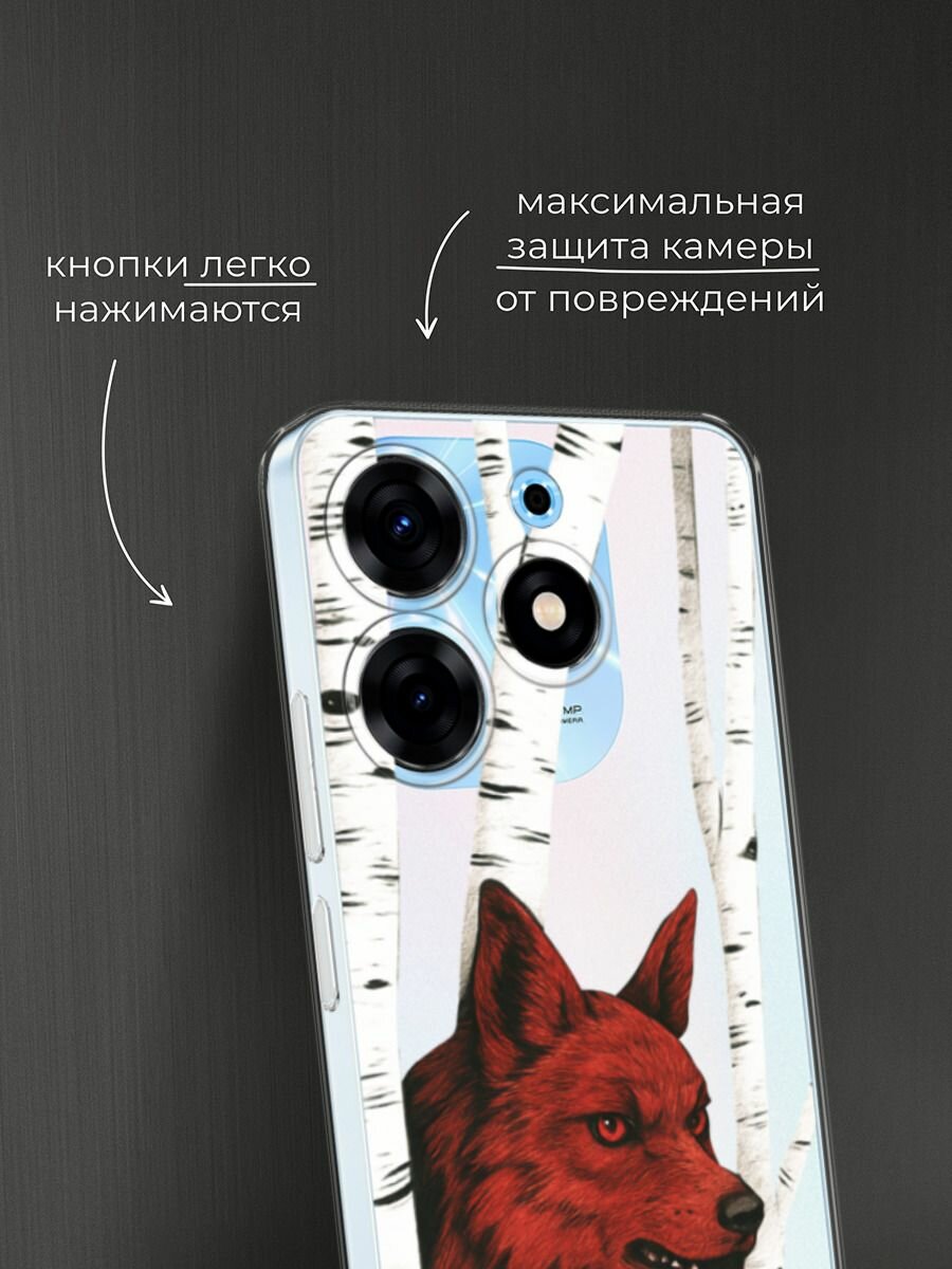 Чехол на Tecno Spark 10 Pro / Текно Спарк 10 Про с принтом Красный волк, прозрачный — фото 1