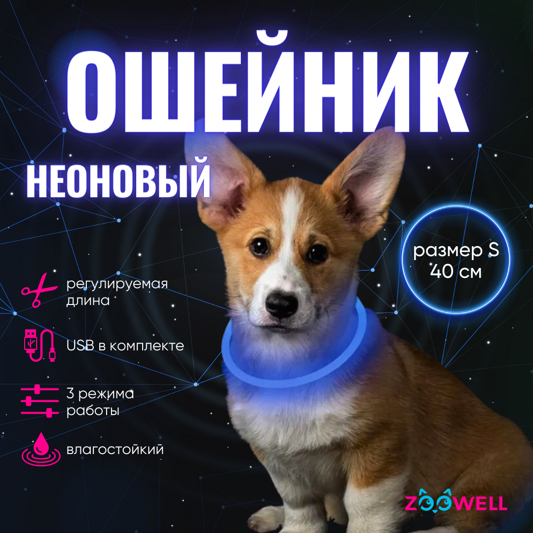 Ошейник для собак/ светящийся ошейник/ собачий ошейник LED 40см , синий
