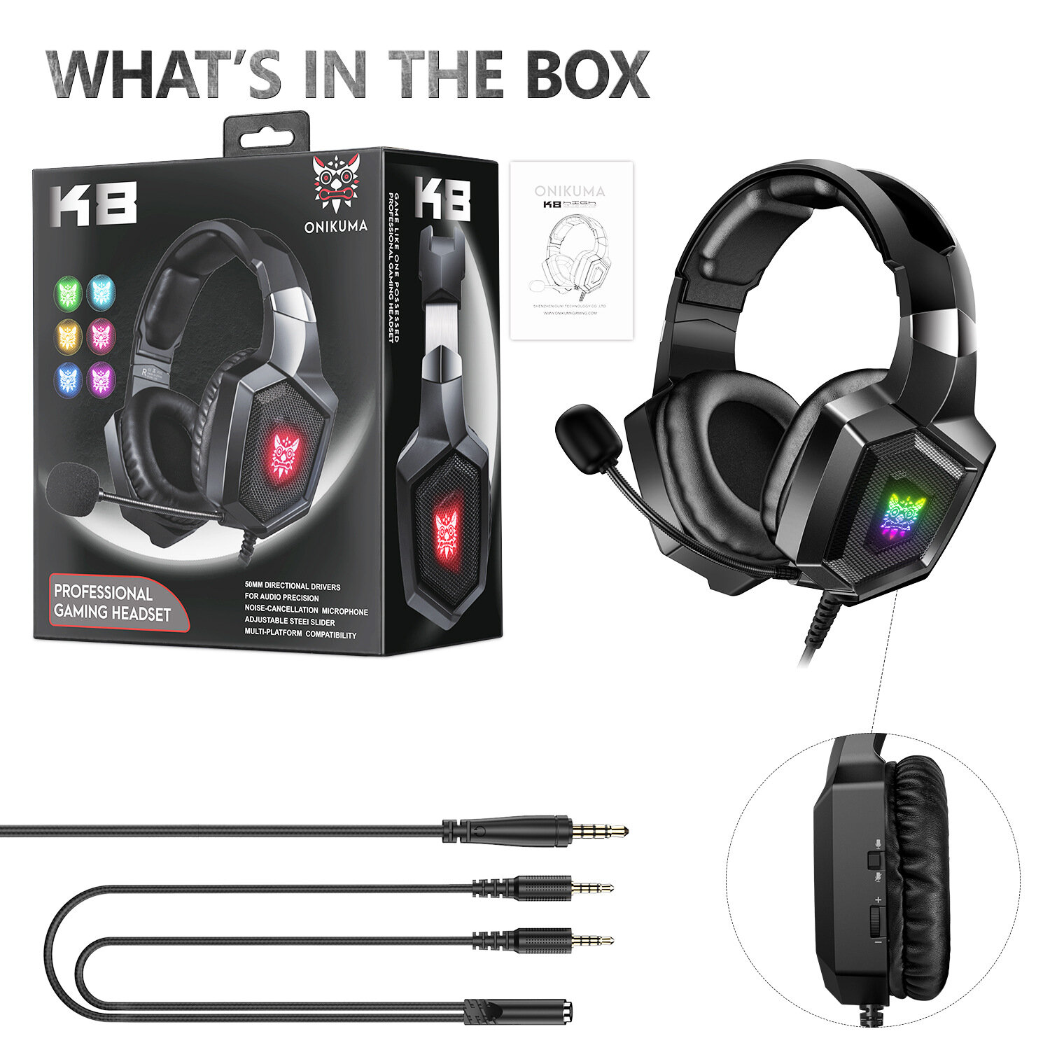 Наушники игровые с микрофоном и RGB / Наушники проводные накладные для компьютера ONIkUMA К8
