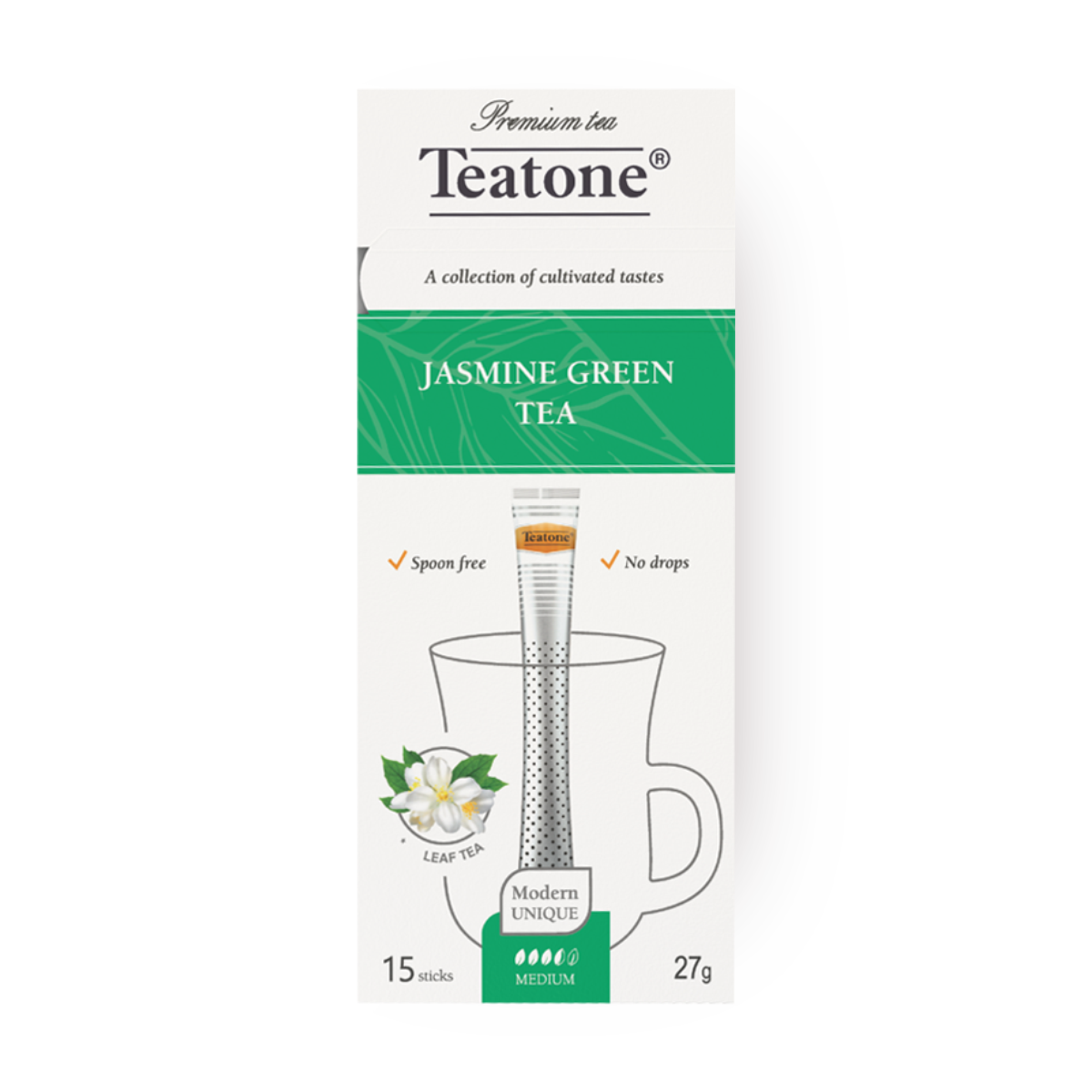 Чай Teatone, зелёный, с жасмином, 15 стиков в упаковке, картонная коробка