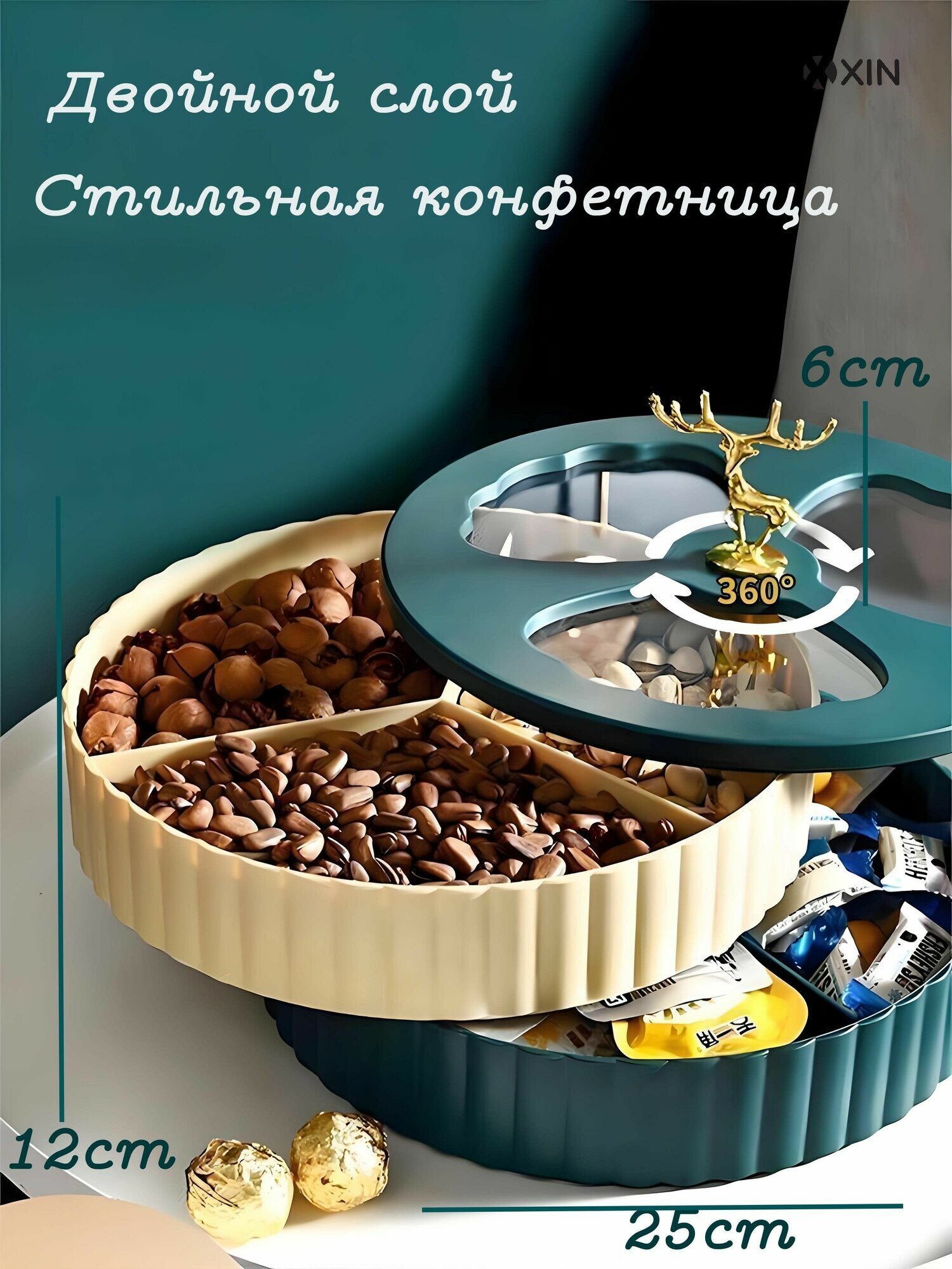 Конфетница Обширные Финансовые Ресурсы, пластик, 25 см, с крышкой, золотистая