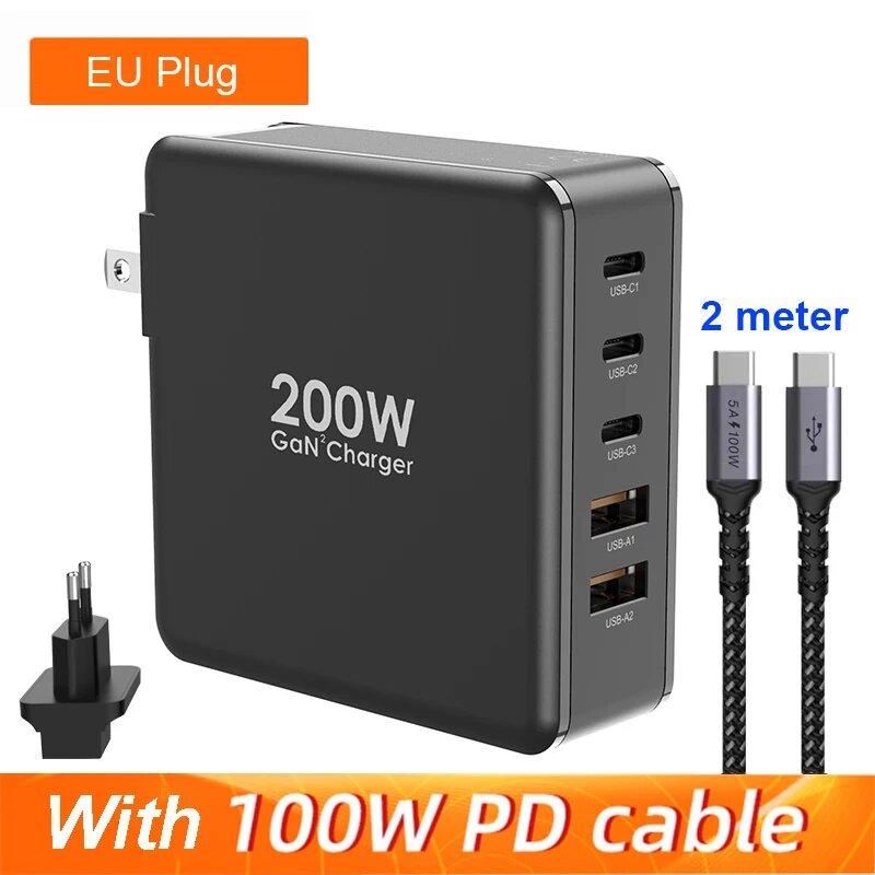 200W GaN Зарядное Устройство EU, 5 USB, 100W PD Кабель