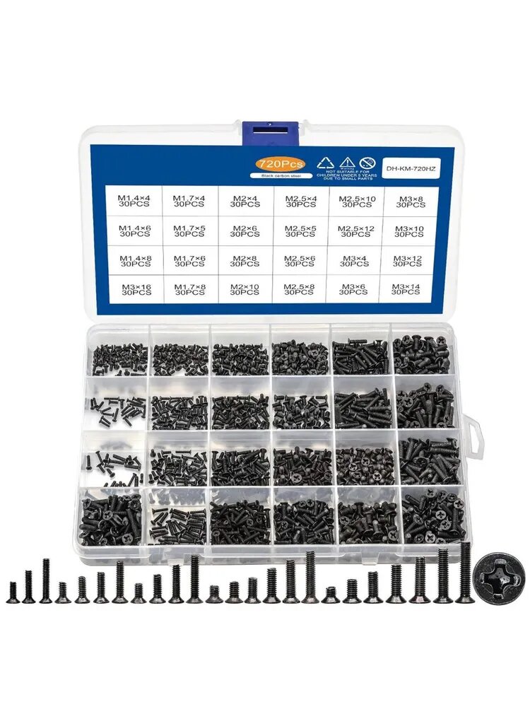 Набор винтов с потайной головкой 720 шт черные M1.4 M2 M2.5 M3 для ноутбуков электроники мебели