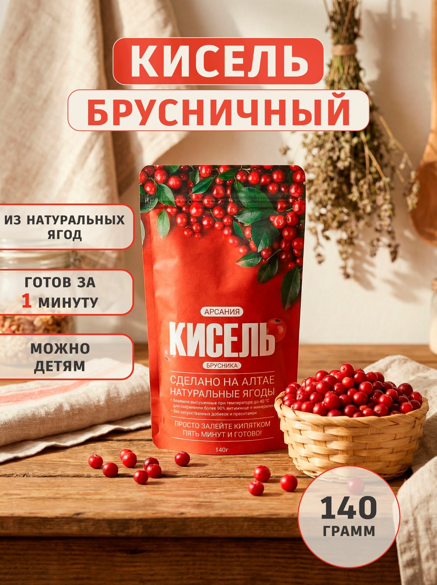 Кисель Брусничный 140 грамм сухой быстрорастворимый витаминизированный
