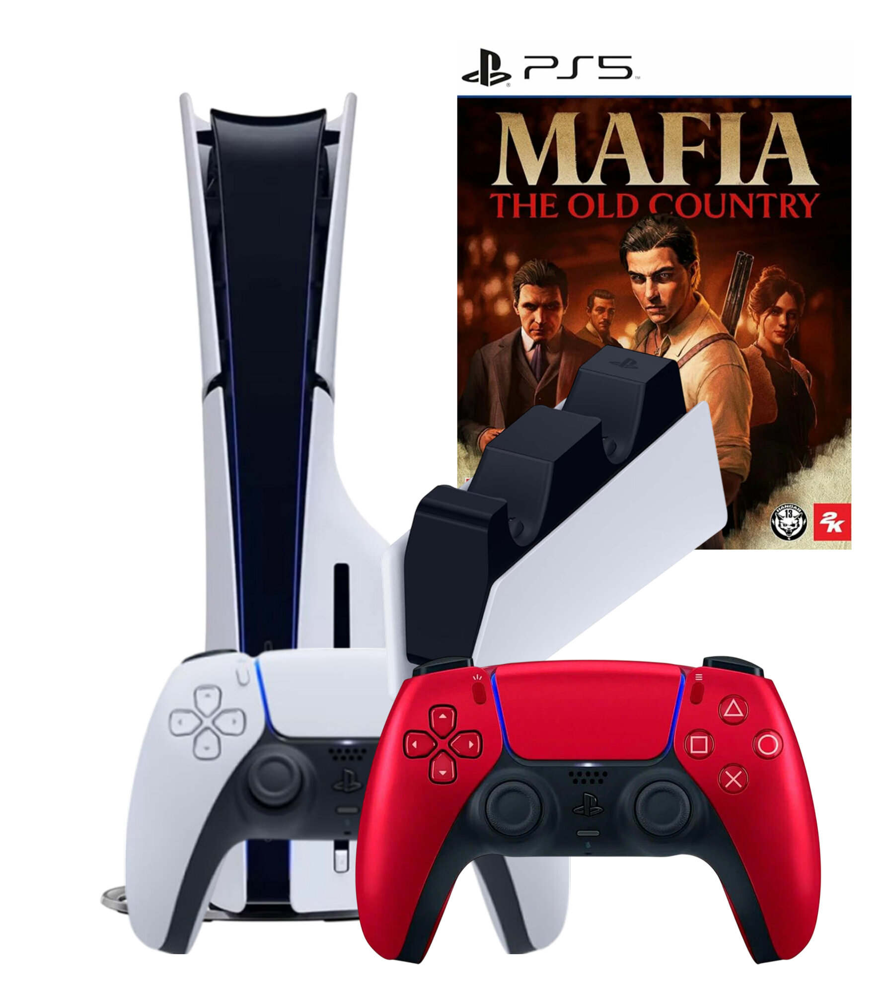 Игровая приставка PlayStation 5 Slim + 2й геймпад вулканический красный + игра Mafia The Old Countr + станция зарядки