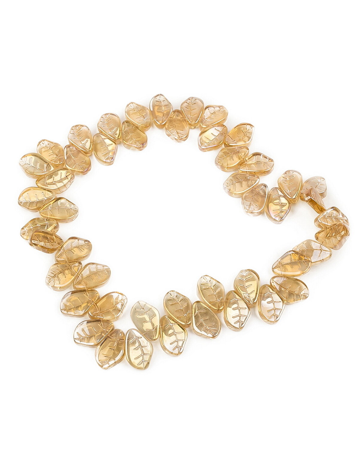 Бусины стеклянные, прозрачные, в форме листиков, с радужным покрытием, размер: 14х10х3,5 мм, цвет: коньячный топаз, длина нити: 32 см (49-50 шт)