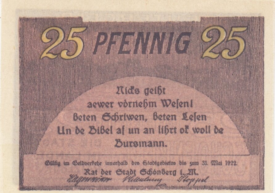 Германия (Веймарская Республика) Шёнберг 25 пфеннигов 1922 г. (4)