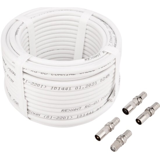 Набор из антенного телевизионного удлинителя Rexant с F-разъемами и ТВ-переходниками, 20 метров