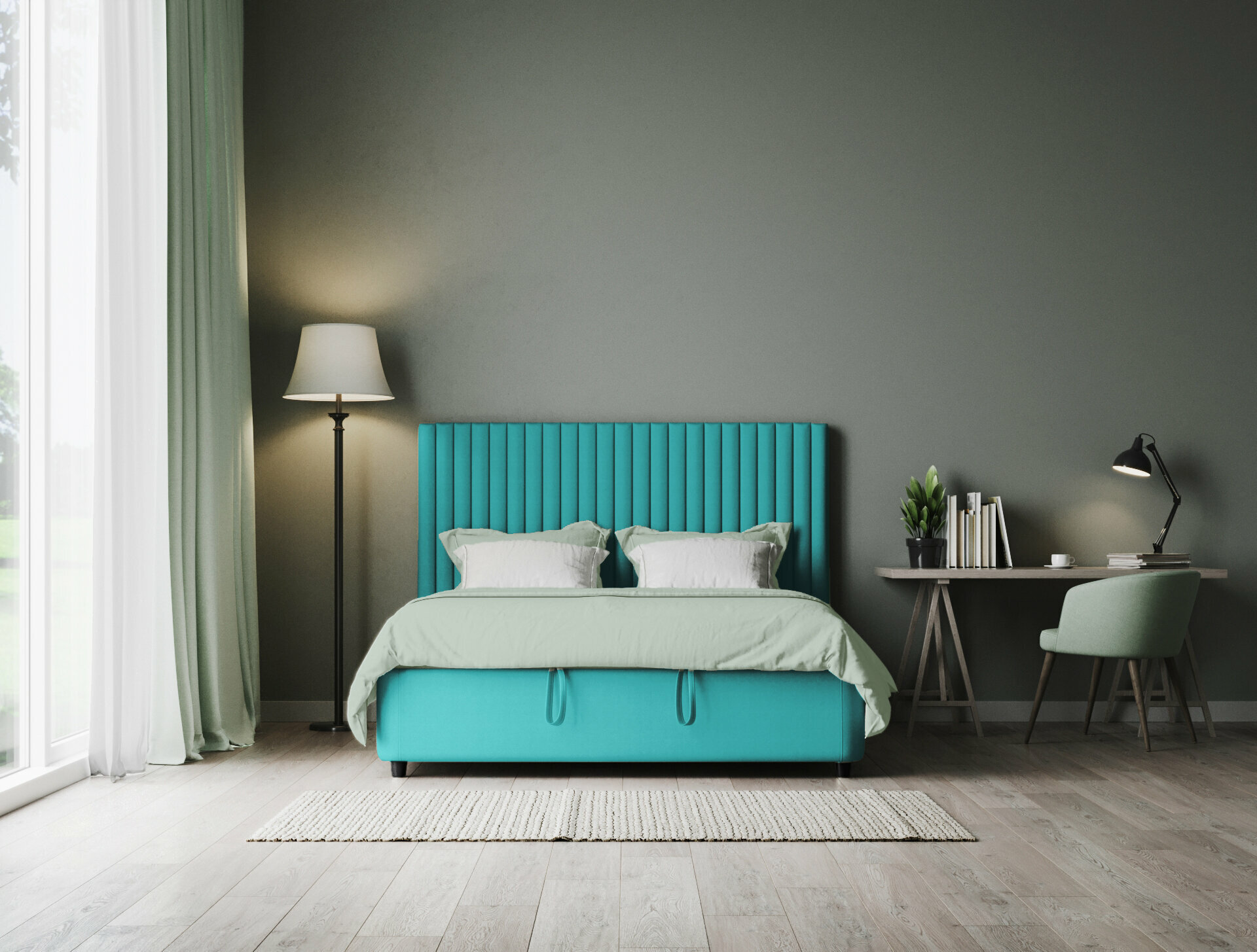 Двуспальная кровать 120х200, "Betta mini" с мягким изголовьем для дома, для спальни, ортопедическое основание. Велюр Бирюзовый (без подъёмного механизма) Teddy 654