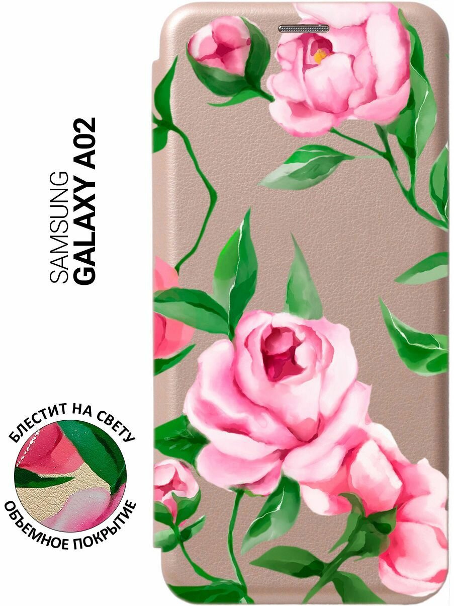 Чехол-книжка на Samsung Galaxy A02, Самсунг А02 с 3D принтом "Amazing Peonies" золотистый