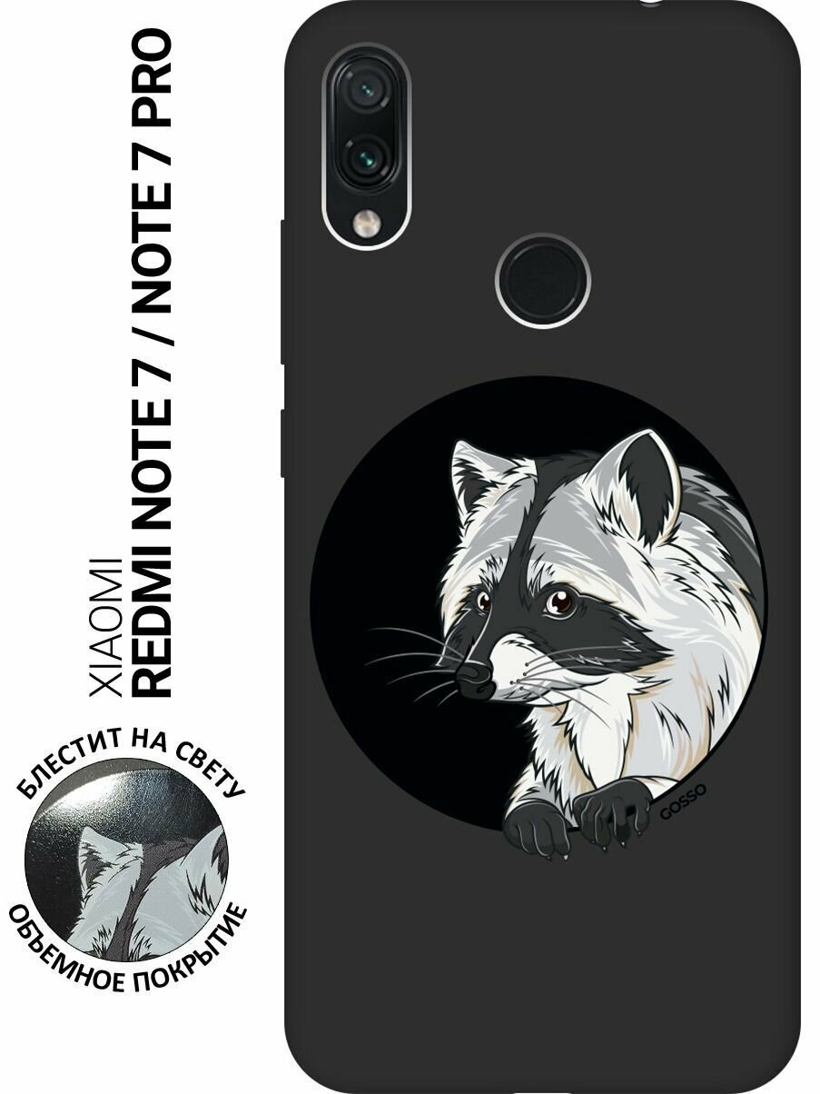 Матовый Soft Touch силиконовый чехол на Xiaomi Redmi Note 7, Note 7 Pro, Сяоми Редми Ноут 7, Ноут 7 Про с 3D принтом "Raccon in a Hollow" черный