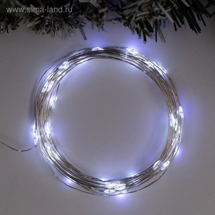 Гирлянда Нить 5 м, роса, IP65, серебристая нить, 50 LED, 8 режимов, от батареек АА×3, свечение белое