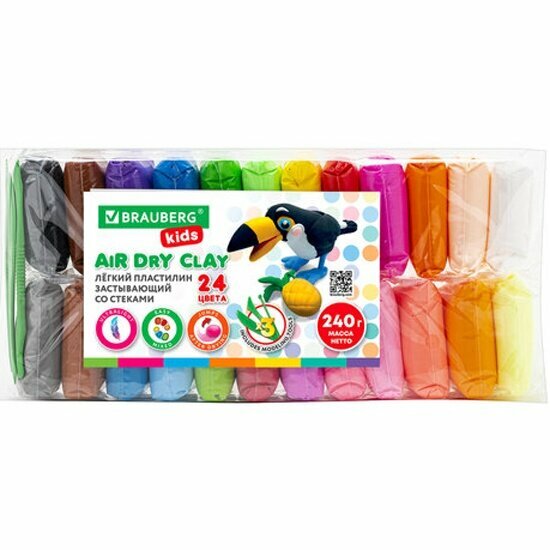 Пластилин Brauberg супер лёгкий воздушный застывающий 24 цвета, 240 г, 3 стека, KIDS, 106307