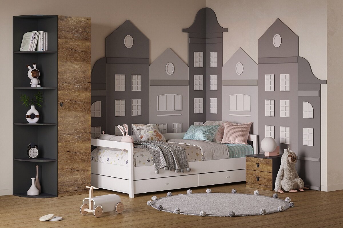 Детская стенка МебельЛэнд24 Банни - 2 МДФ Дуб Мореный 130x52x210 коричневый со шкафом с тумбой