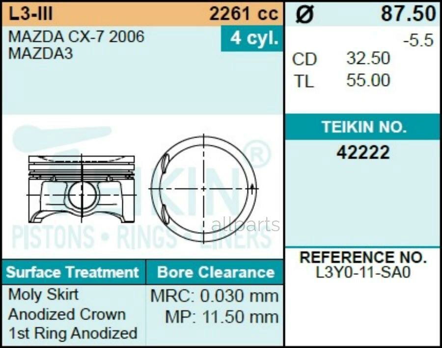 TEIKIN 42222 050 Поршни (к-т 4 шт) MAZDA 3/CX-7 L3 06-