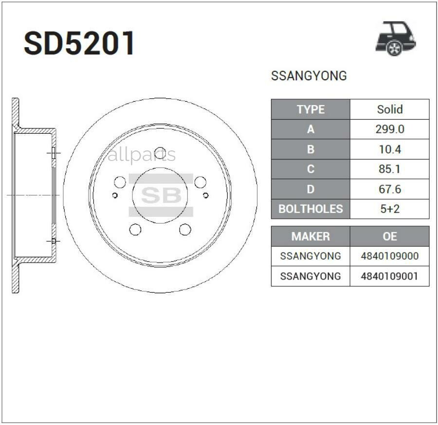 SANGSIN BRAKE SD5201 Диск тормозной (Сзади) SsangYong Actyon 05- / Actyon Sports 06-16
