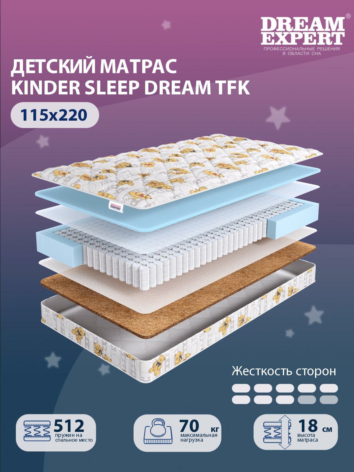 Матрас детский DreamExpert Kinder Sleep Dream TFK высокой и средней жесткости, полутороспальный, независимый пружинный блок, на кровать 115x220