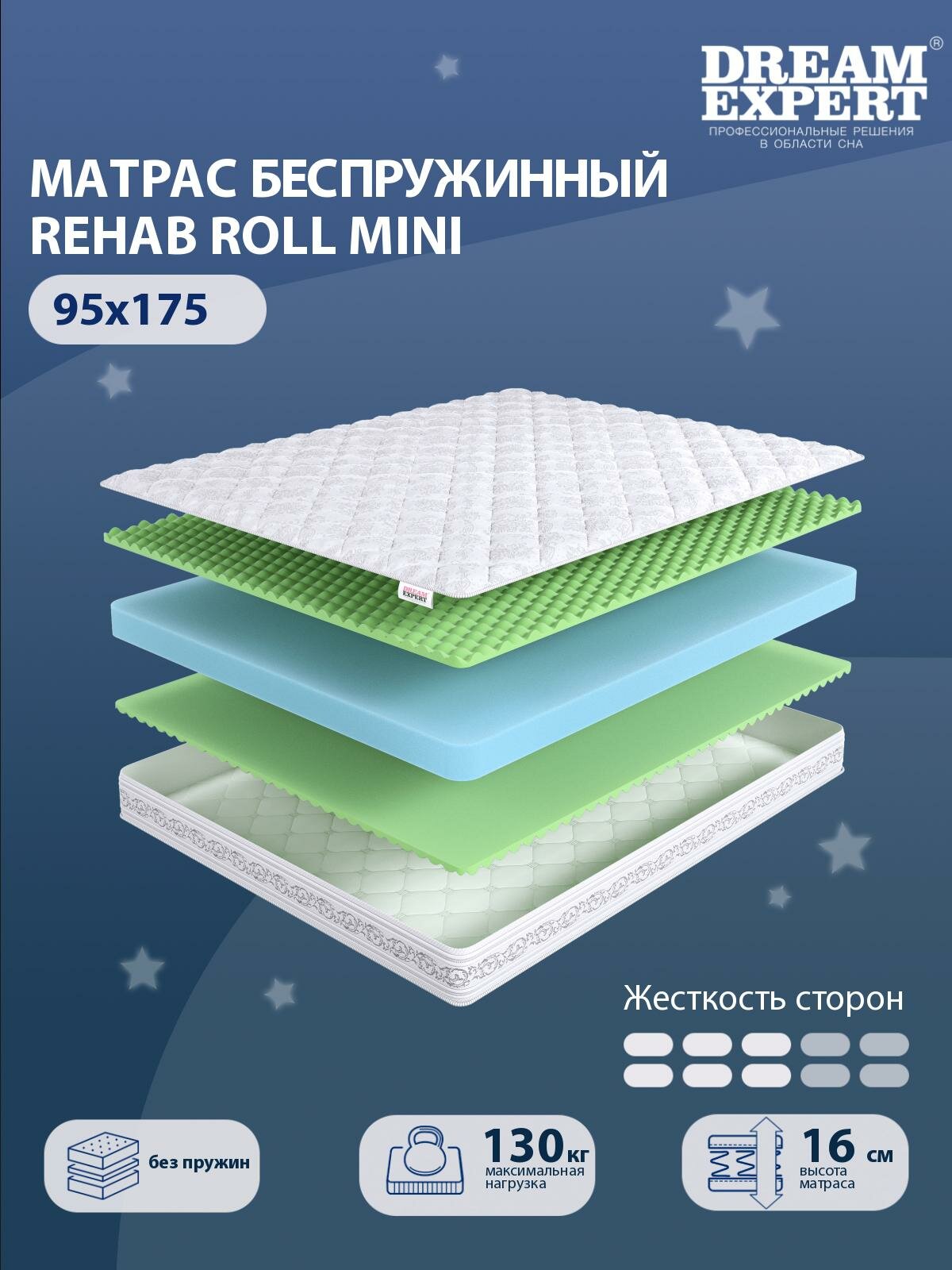 Матрас, Ортопедический матрас DreamExpert Rehab Roll mini средней жесткости, односпальный, беспружинный, на кровать 95x175