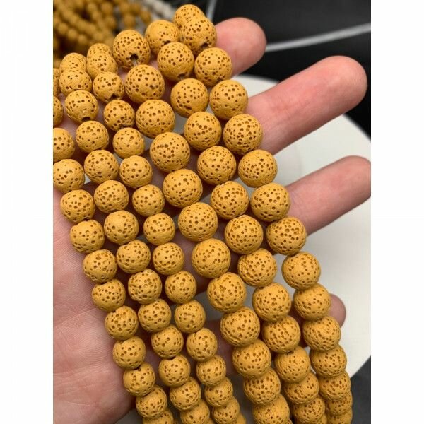 Каменные бусины, вулканическая лава люкс, пористая тонированная, желтая, шарик гладкий, 10 мм, длина нити 38 см, около 38 бусин