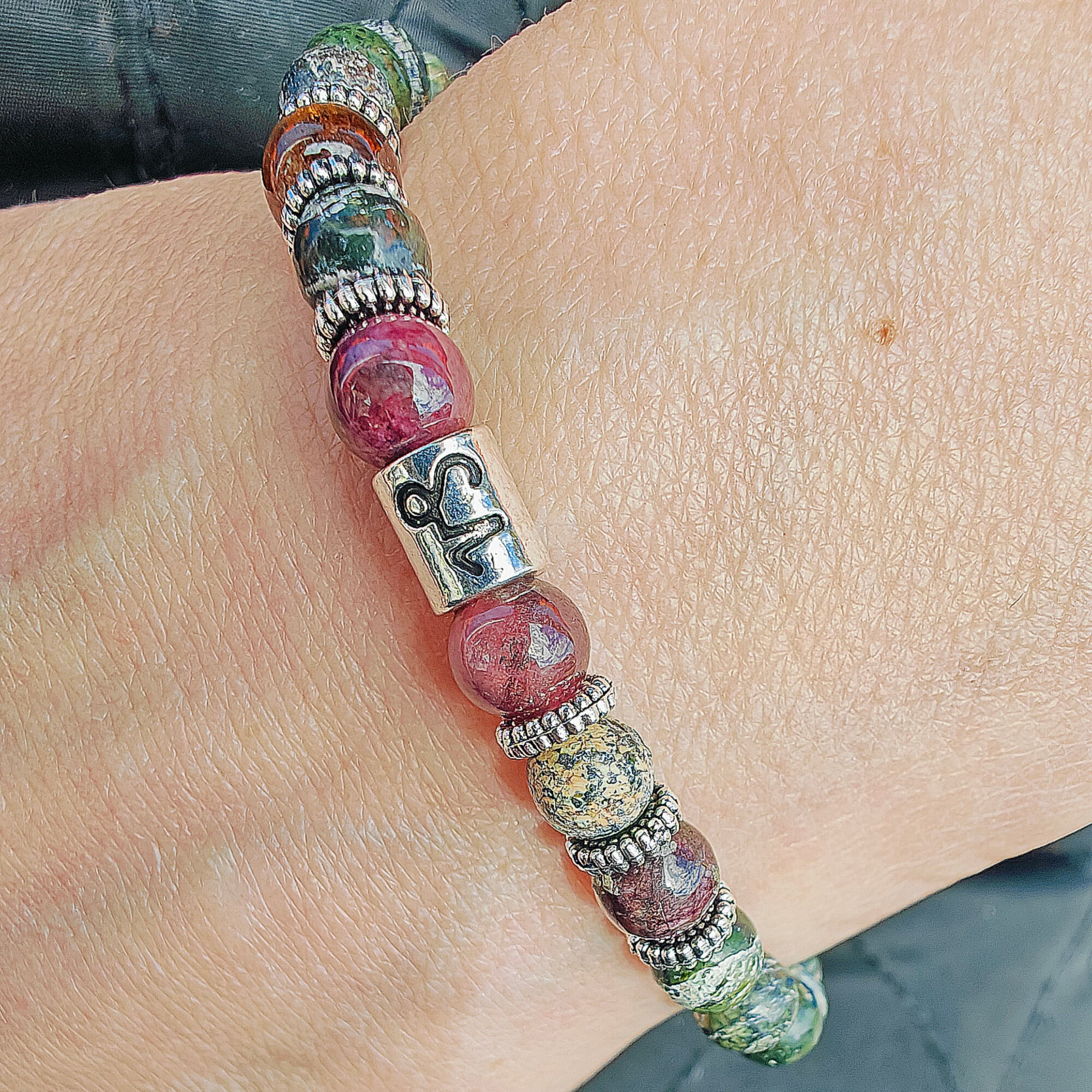 Плетеный браслет, турмалин, змеевик