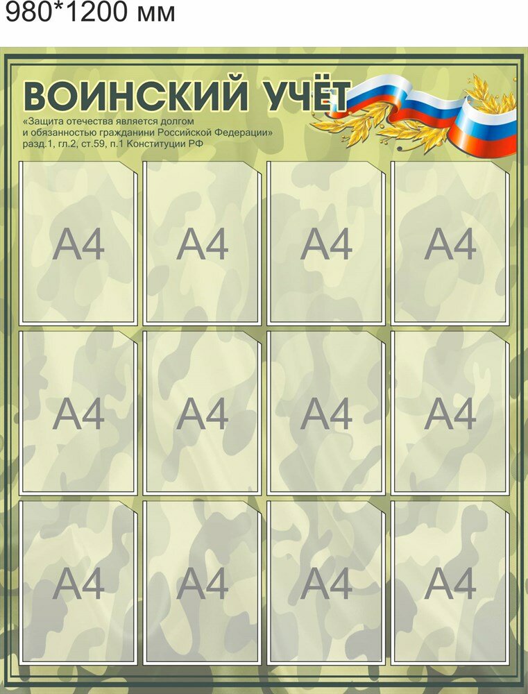 Стенд Воинский учет размер 980 х 1200 пластик 3 мм с карманами А4-12шт