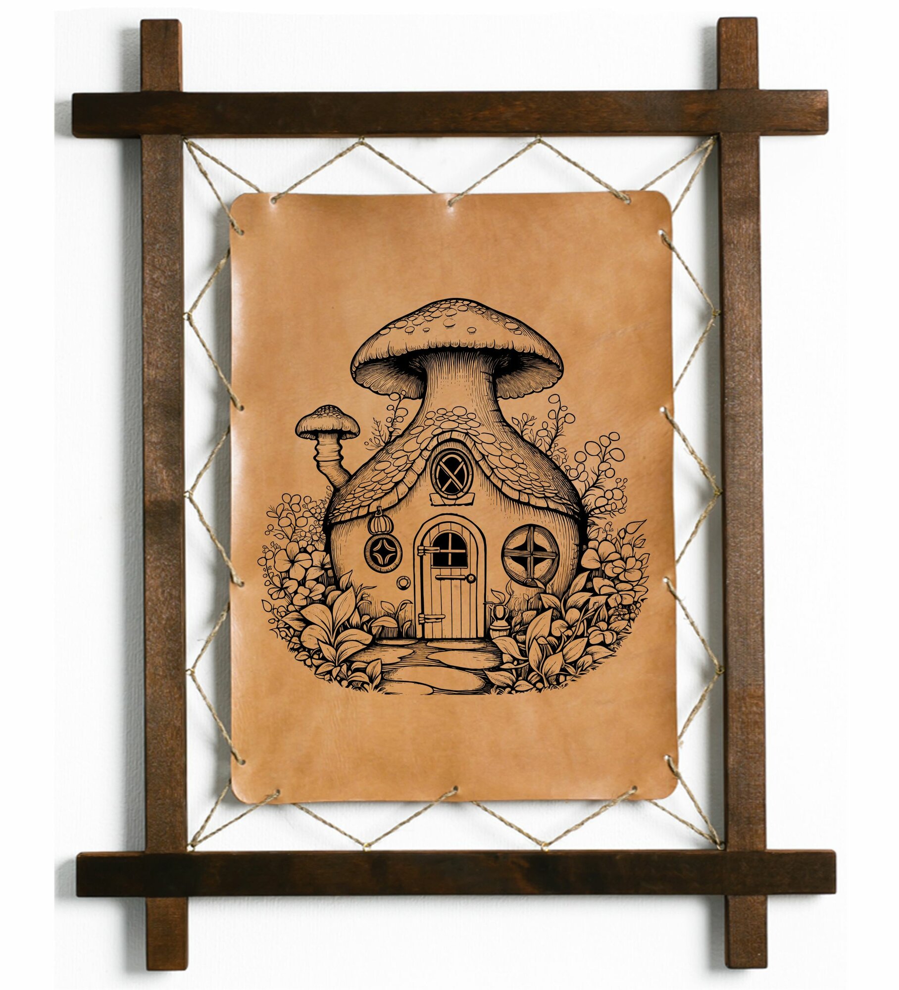 Картина интерьерная, натуральная кожа, "Домик-мухомор", в деревянной раме, BoomGift